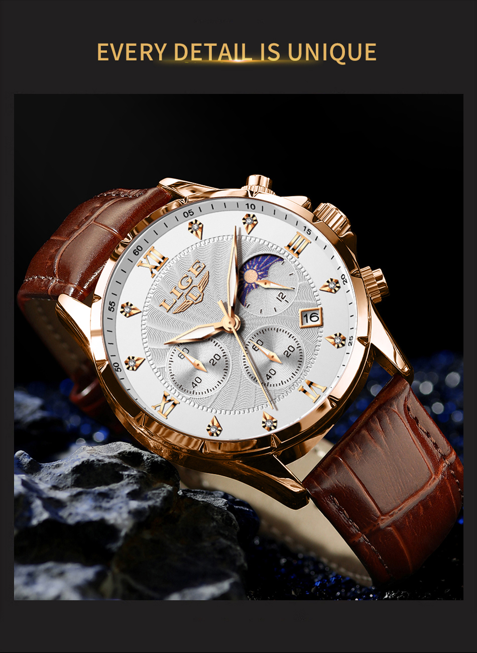 LIGE Original Men Watch Fashion Leather Strap Chronograph Sports ...