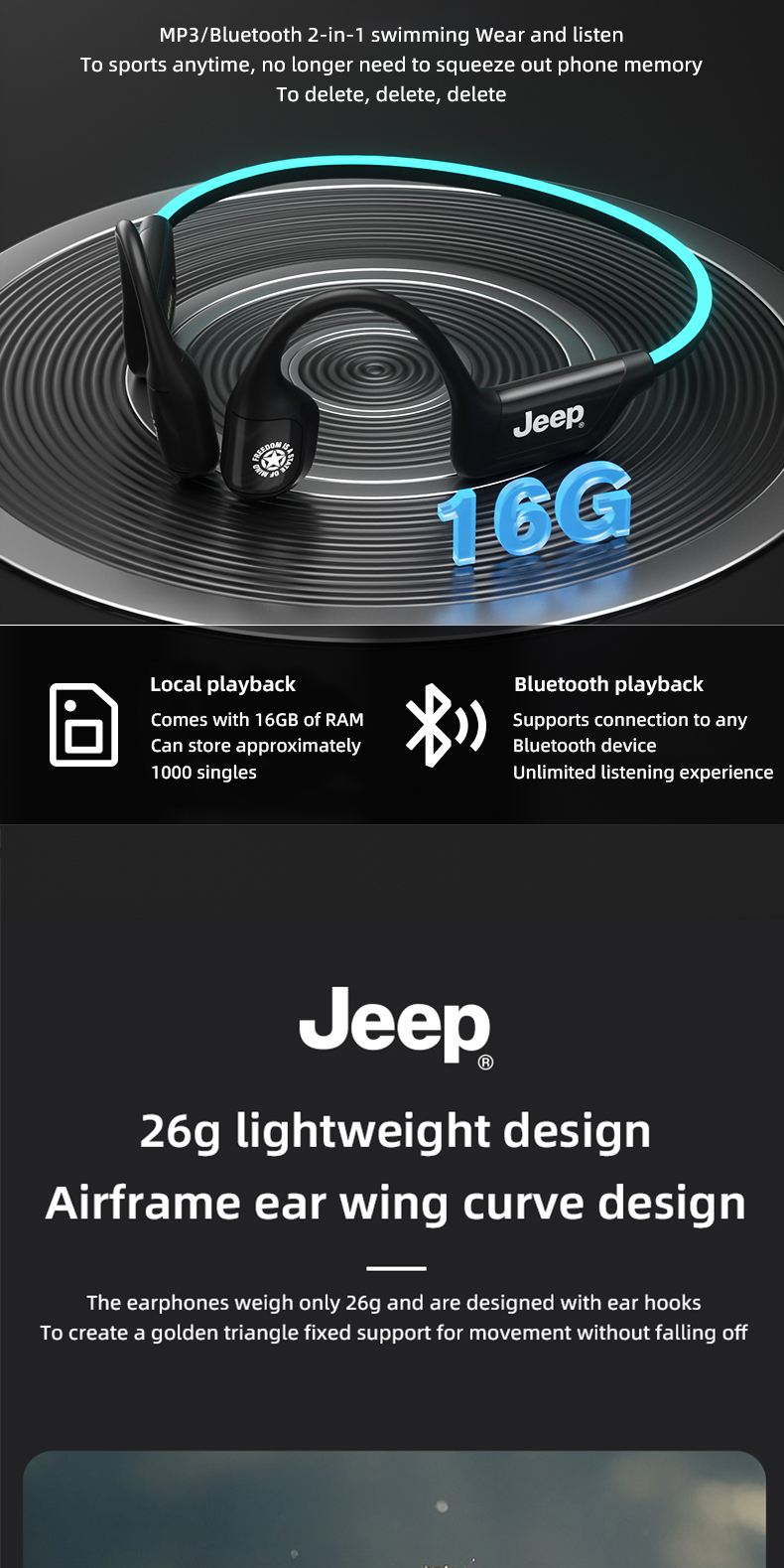 Jeep EC025 Bone Conduction Earphone IPX8 Waterproof 16G Memory MP3 ...