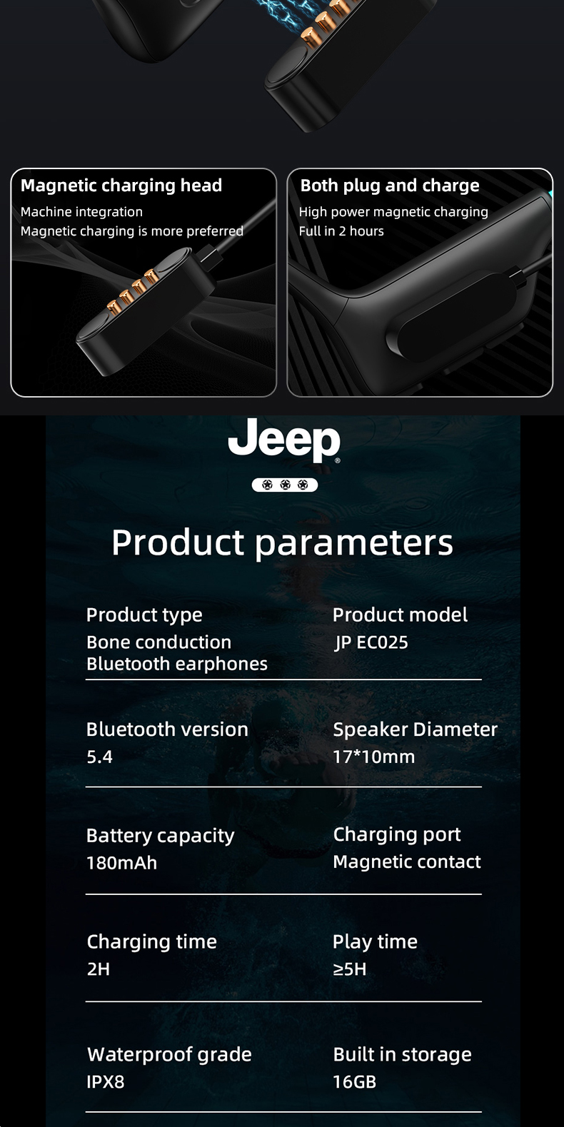 Jeep EC025 Bone Conduction Earphone IPX8 Waterproof 16G Memory MP3 ...