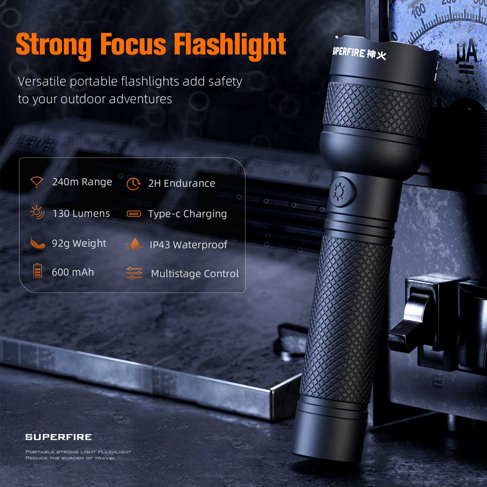 SUPERFIRE RG03 3W Zoomable Flashlight Portable Torch USB Rechargeable Outdoor Emergency Lantern ...