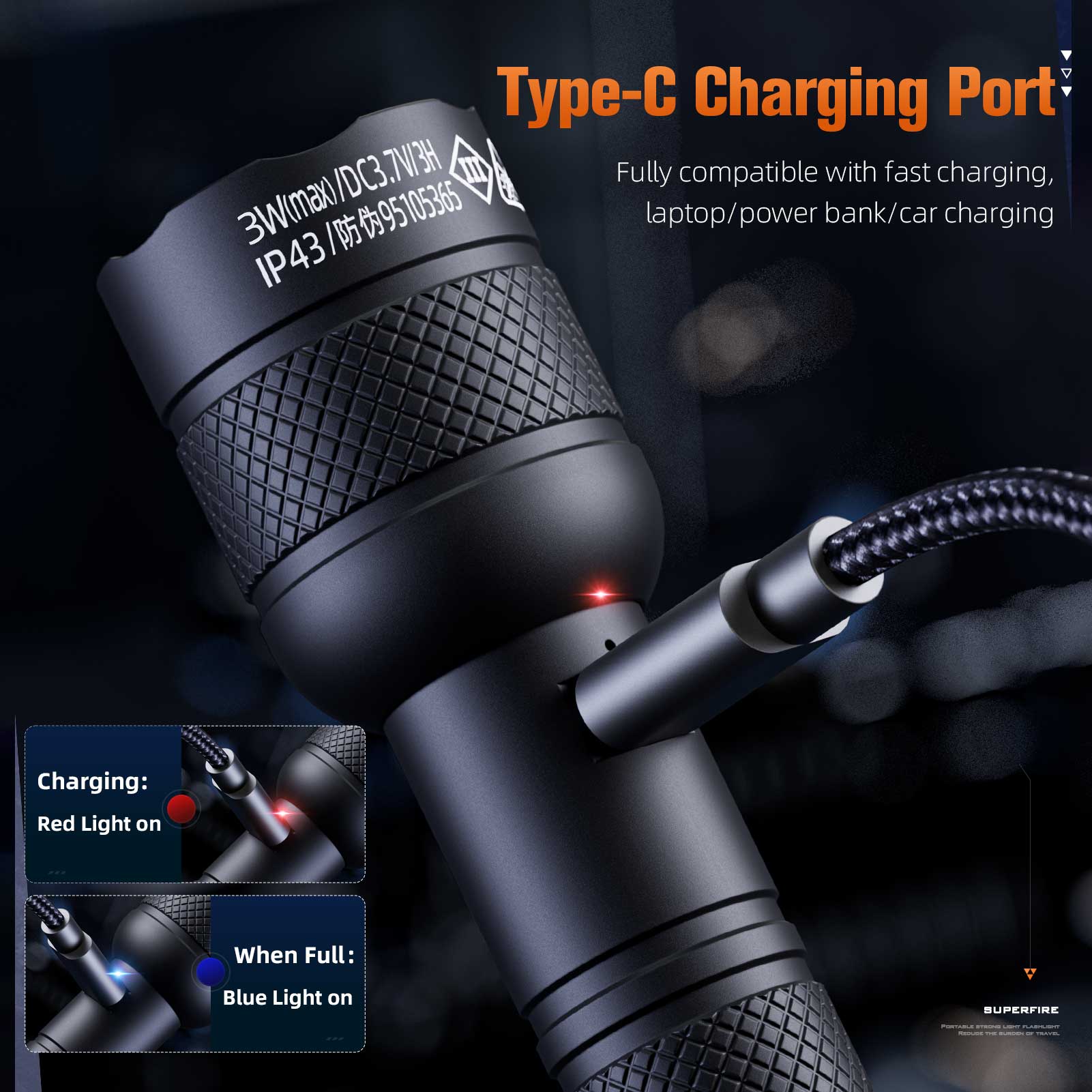 SUPERFIRE RG03 3W Zoomable Flashlight Portable Torch USB Rechargeable Outdoor Emergency Lantern ...