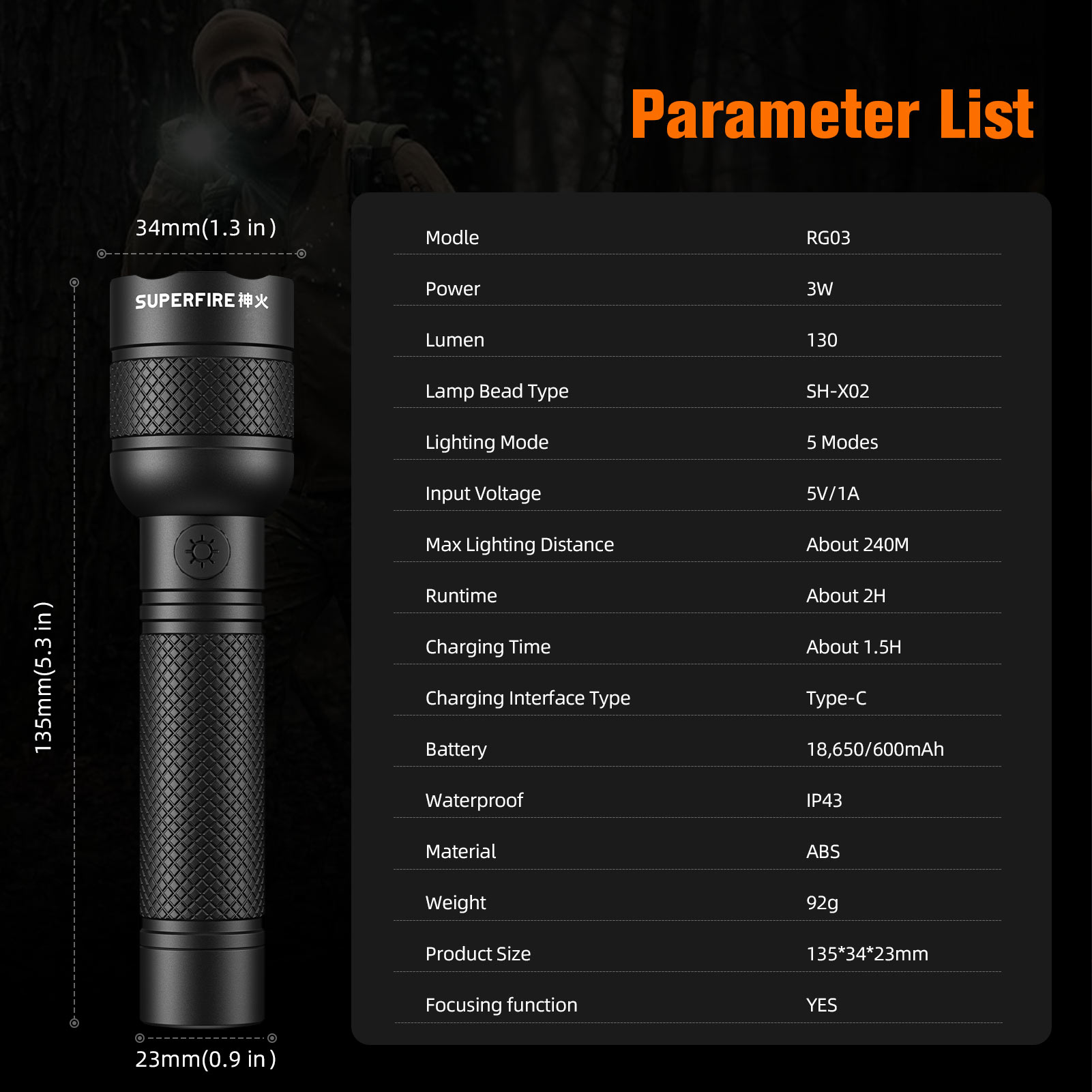 SUPERFIRE RG03 3W Zoomable Flashlight Portable Torch USB Rechargeable Outdoor Emergency Lantern ...