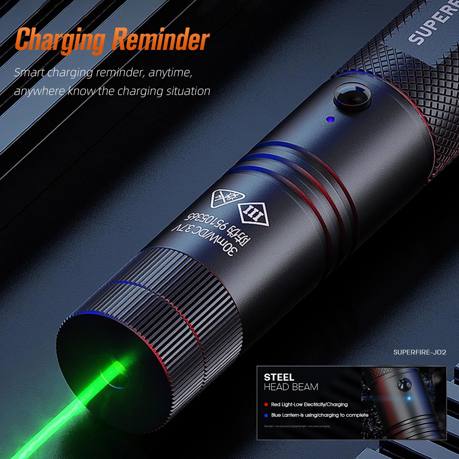 SUPERFIRE J02 Laser Flashlight USB Rechargeable Pointer Aluminum Alloy ...