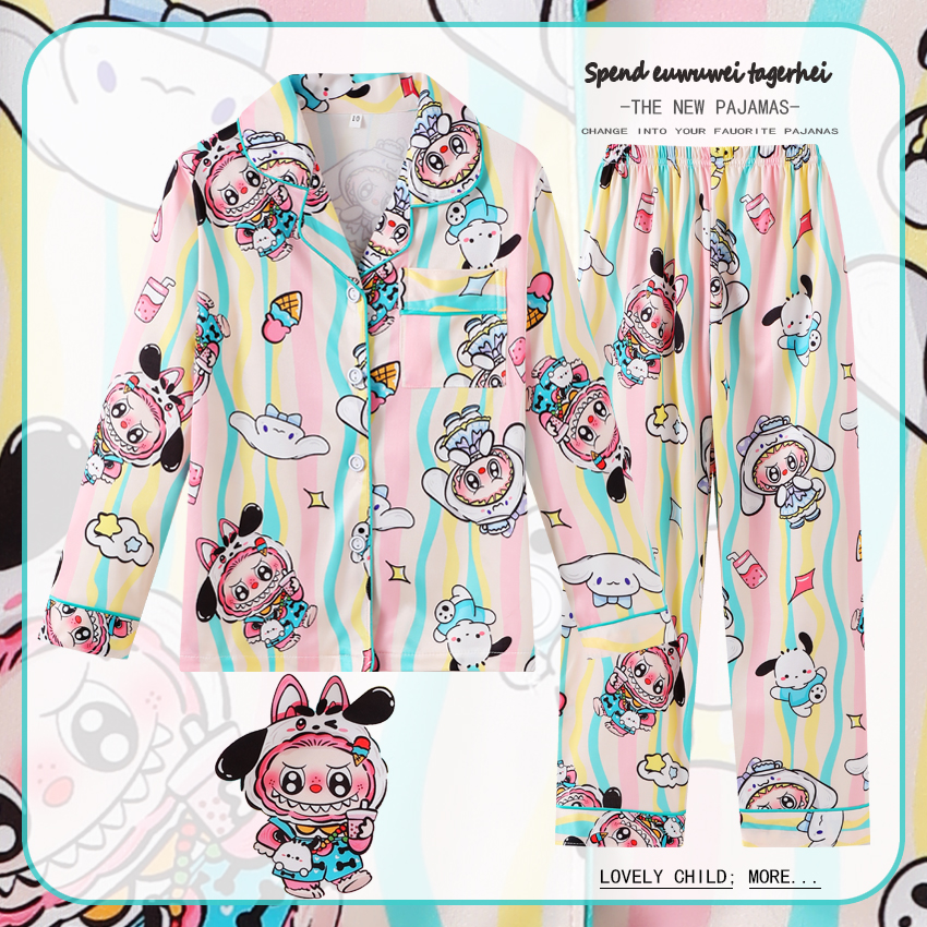 Pyjamas Kids Long Sleeve Lapel pajamas Cute Labubu Sleepwear Big Girl ...