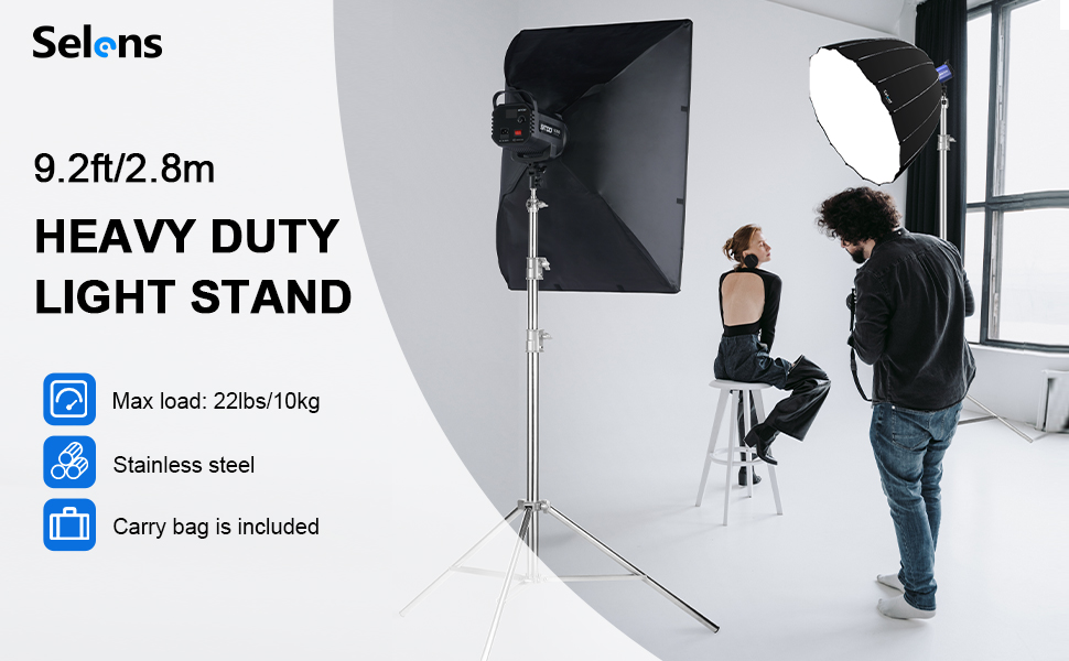 Selens Stainless Steel Light Stand 9ft(280cm) Heavy Duty for Studio ...