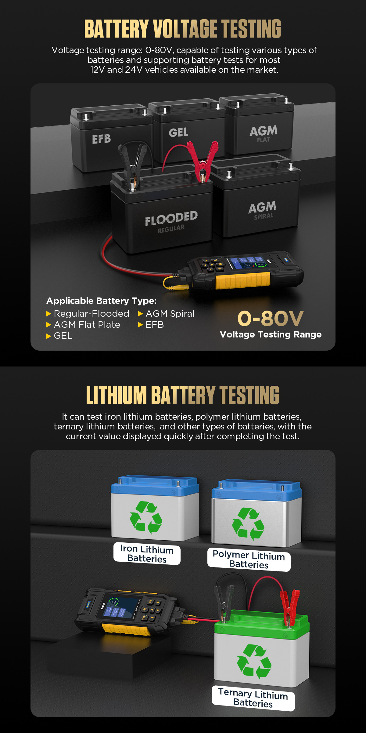 AUTOOL BT960 Lithium Battery Tester 12V 24V Car Battery Diagnostic ...