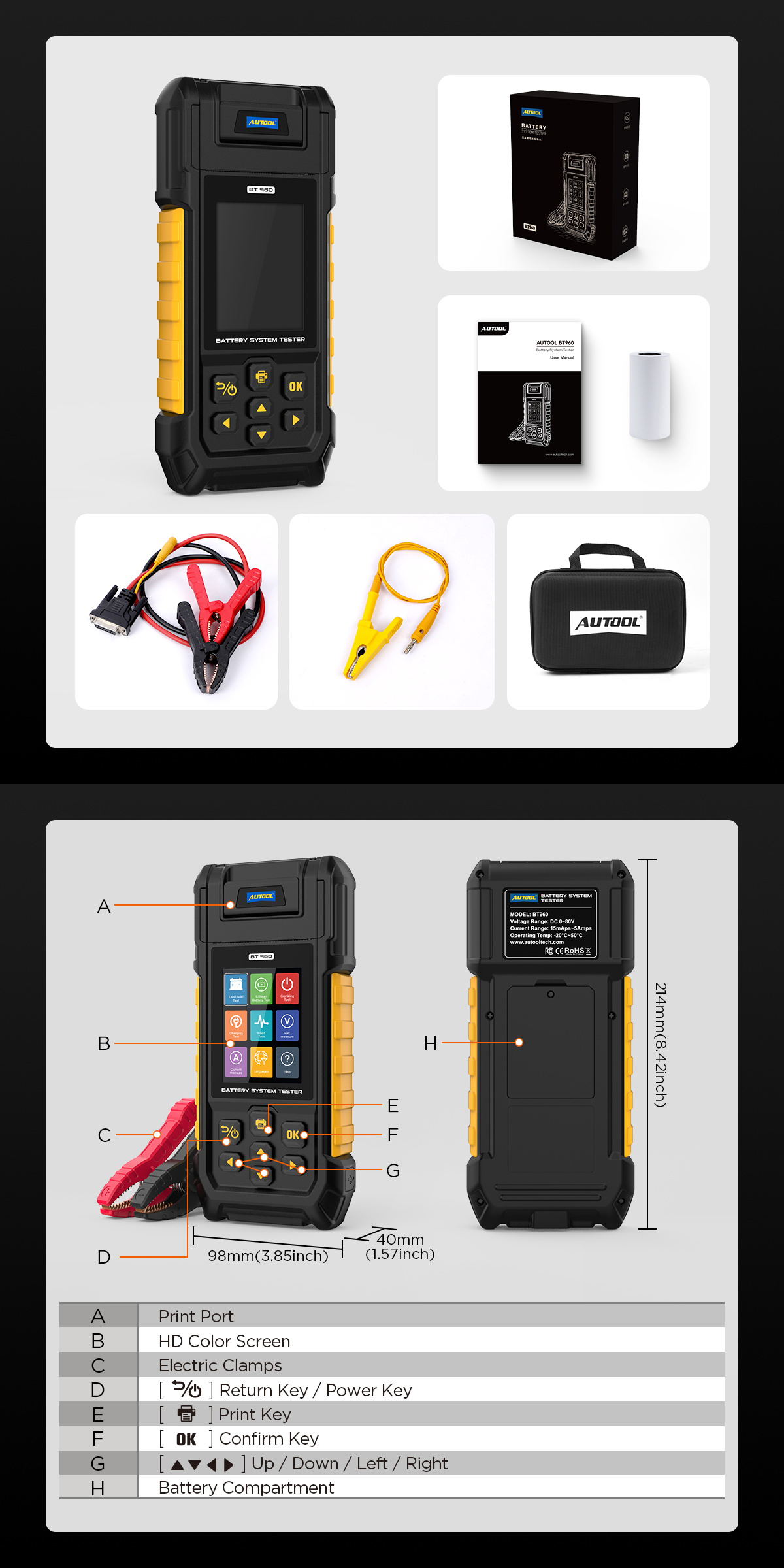 AUTOOL BT960 Lithium Battery Tester 12V 24V Car Battery Diagnostic ...
