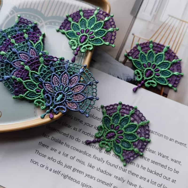 10Pcs Sparkling Green Purple Gradient Embroidered Fan Lace Fabric Patch ...