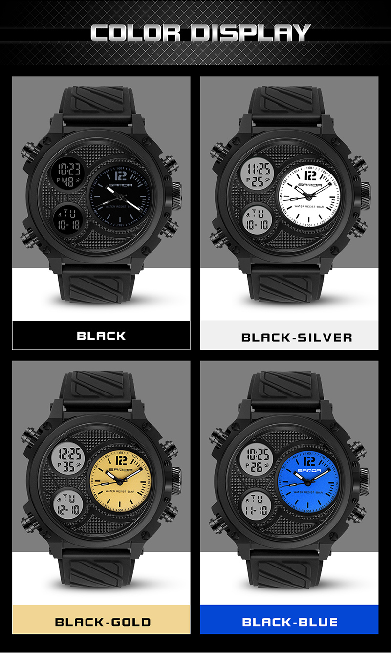 SANDA Fashion Waterproof Dual Display Multifunctional Men's Watch 3002 ...