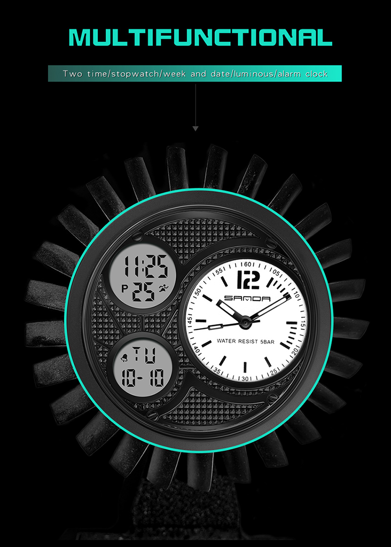 SANDA Fashion Waterproof Dual Display Multifunctional Men's Watch 3002 ...