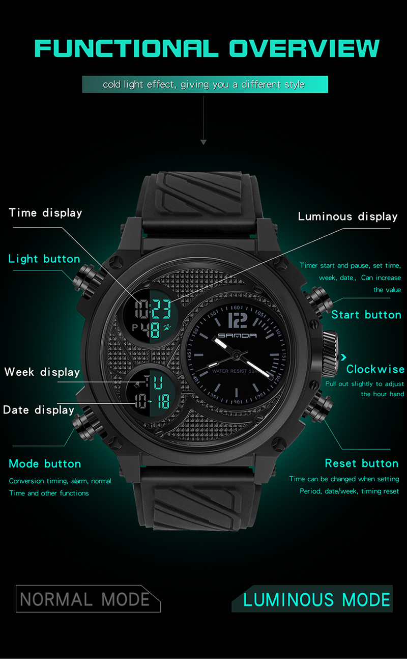 SANDA Fashion Waterproof Dual Display Multifunctional Men's Watch 3002 ...