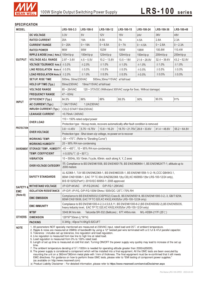 MEAN WELL LRS-35 LRS-50 LRS-75 LRS-100 LRS-150 LRS-200 LRS-350 DC12V ...