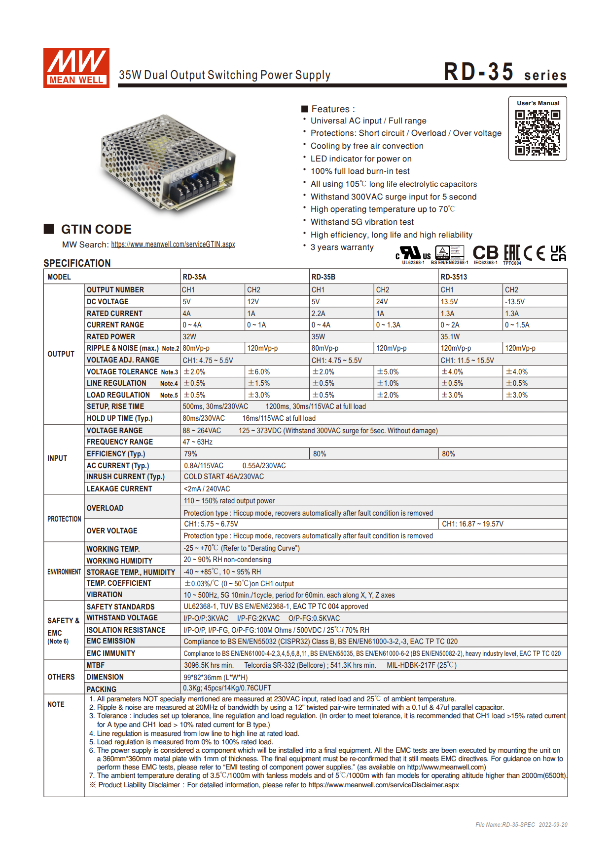MEAN WELL RD-35A DC5V DC12V RD-35B 5V 24V Switching Power Supply ...