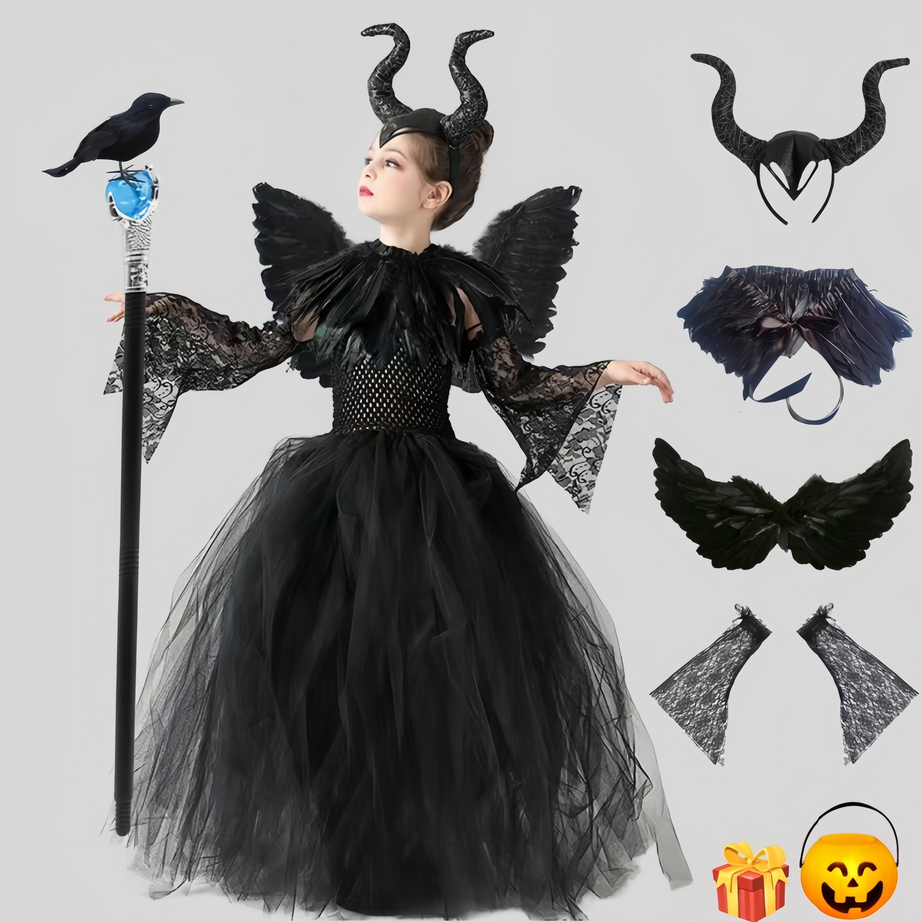 Kids Girls Maleficent Acessories Black Horn Headband Pumpkin Bucket ...