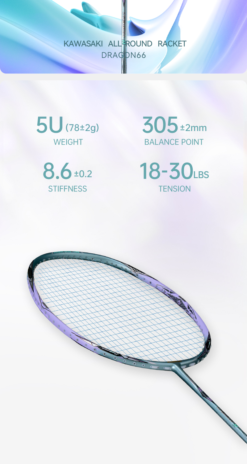 Kawasaki Badminton Racket Dragon 66 5U 18-30LBS 24T Carbon Fiber For ...