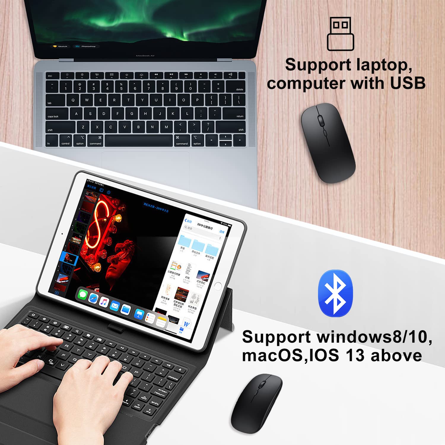 Bluetooth Mouse Wireless Dual-Mode Rechargeable Silent Mouse for iPad ...