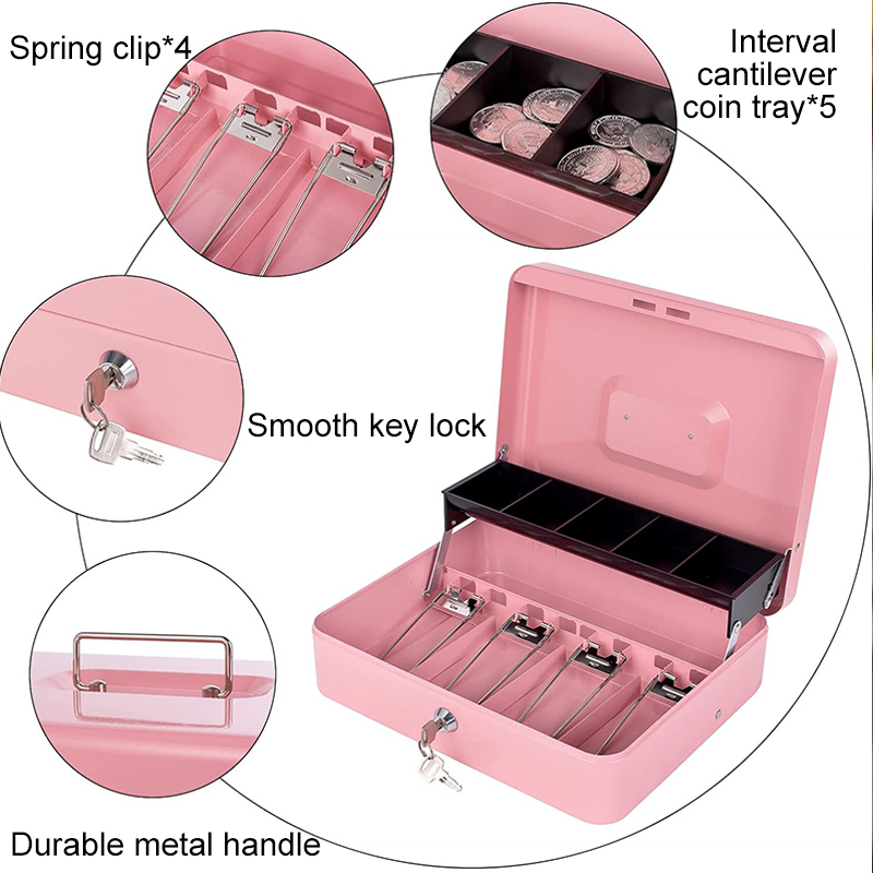 TVCOMO Cash Box Pink 12" Key Lock 2 Layer Multi Compartment Drawer ...
