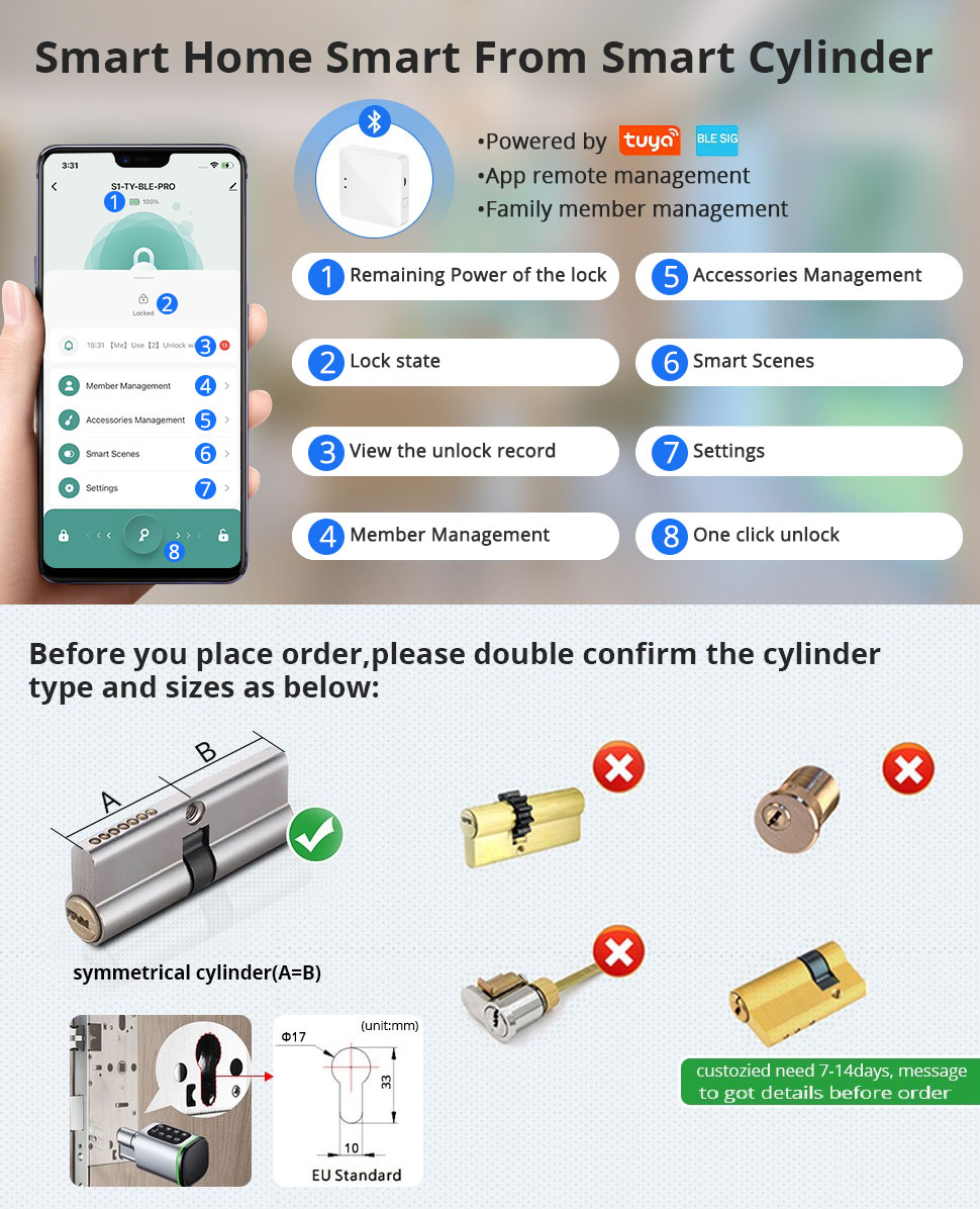 zemismart Tuya BLE Smart Home Security Door Lock DIY Cylinder Core Electronic Housekeeper APP ...