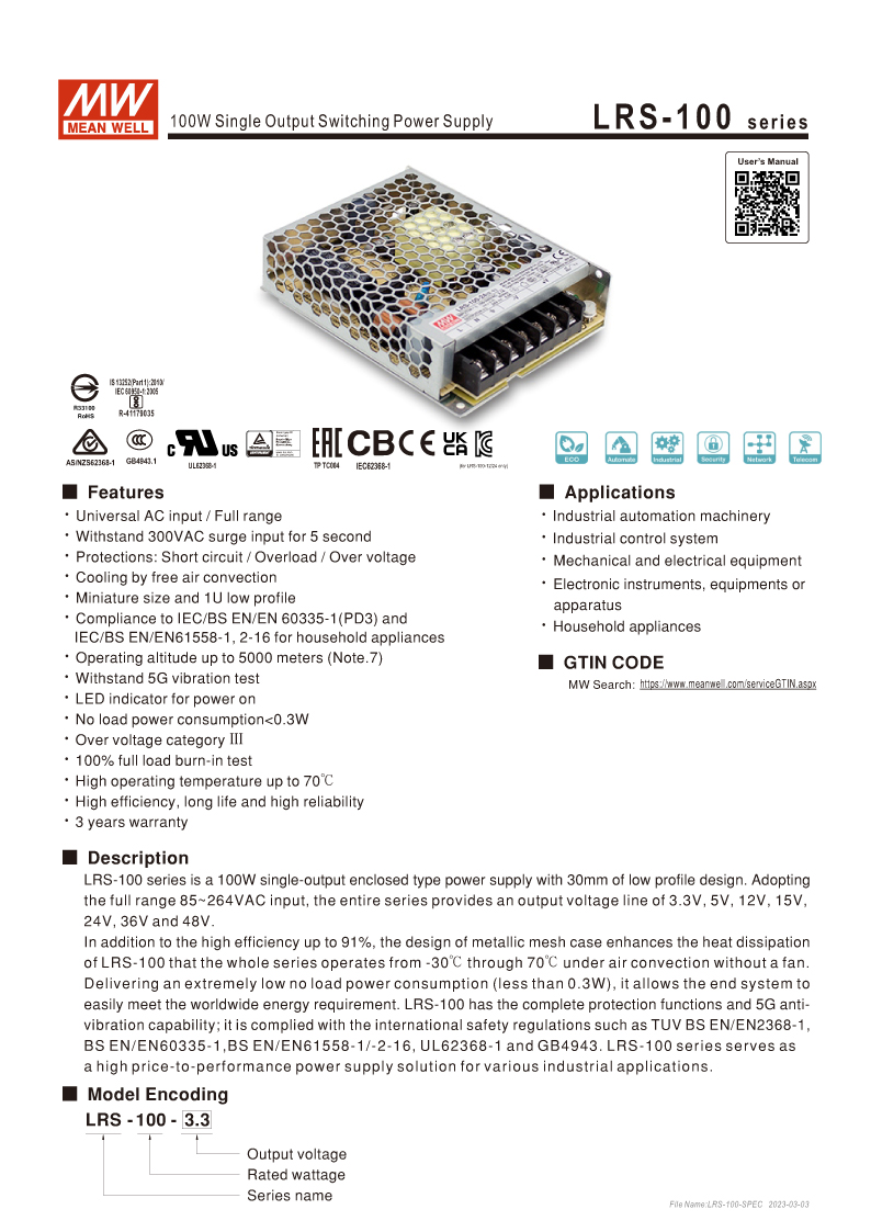 MEAN WELL LRS-100-24 DC24V 4.5A LRS-100-5 LRS-100-12 LRS-100-15 LRS-100 ...