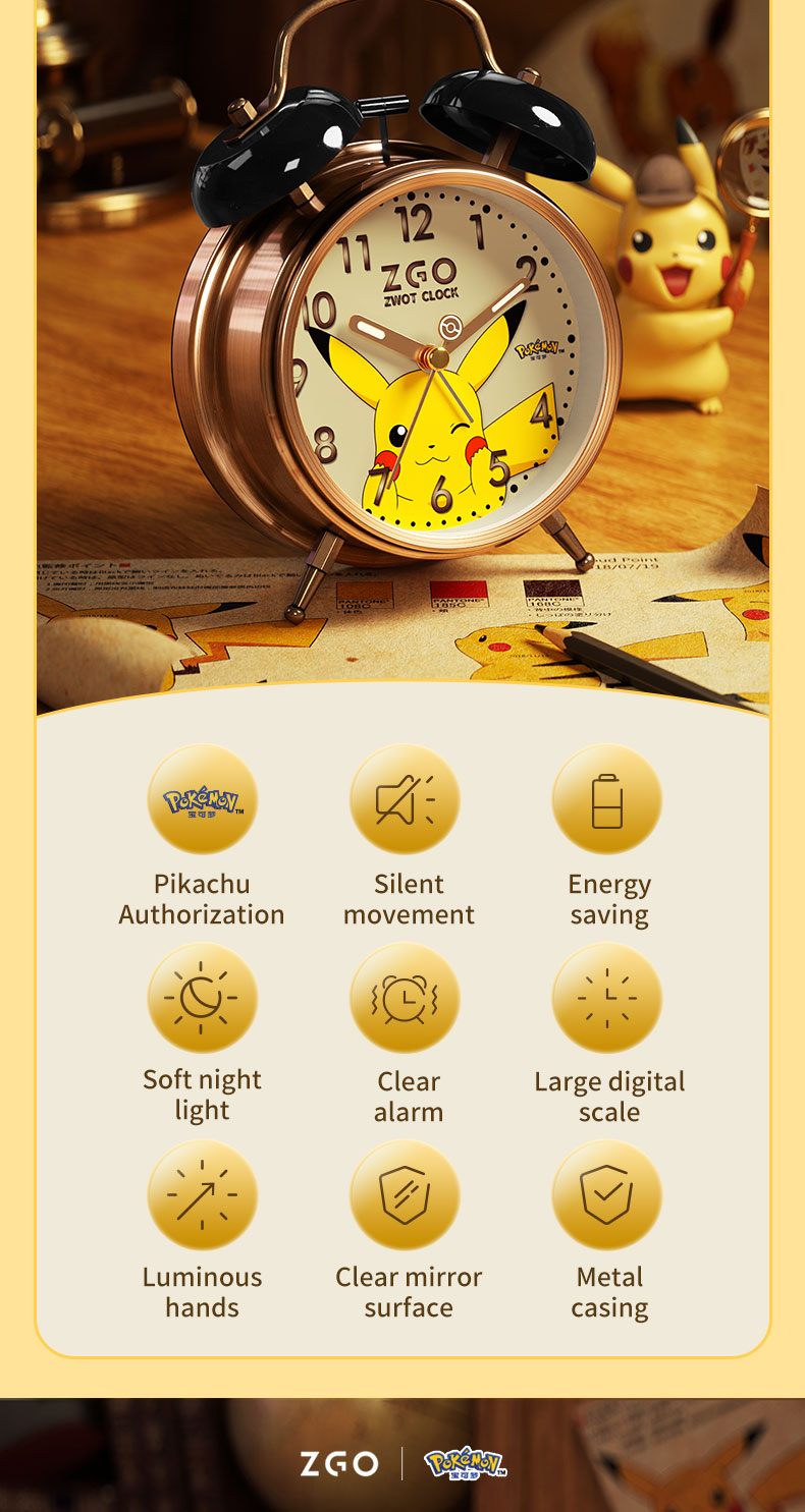 ZGO x Pokemon Pikachu Alarm Clock For Kids Bedroom Student Study Desk ...