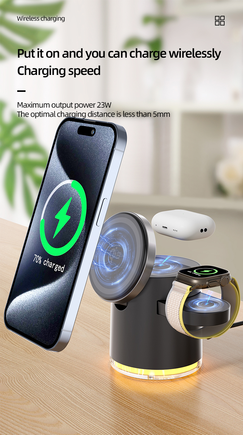 4 in 1 Qi2 Wireless Charger with Night Light 15W Max for iP 16 Pro Max ...