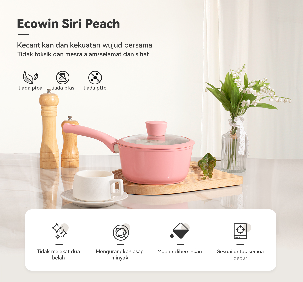Ecowin Cookware Peach Series Pink Non-Stick Milk Pan Pfoa Free Single Handle Periuk susu ...