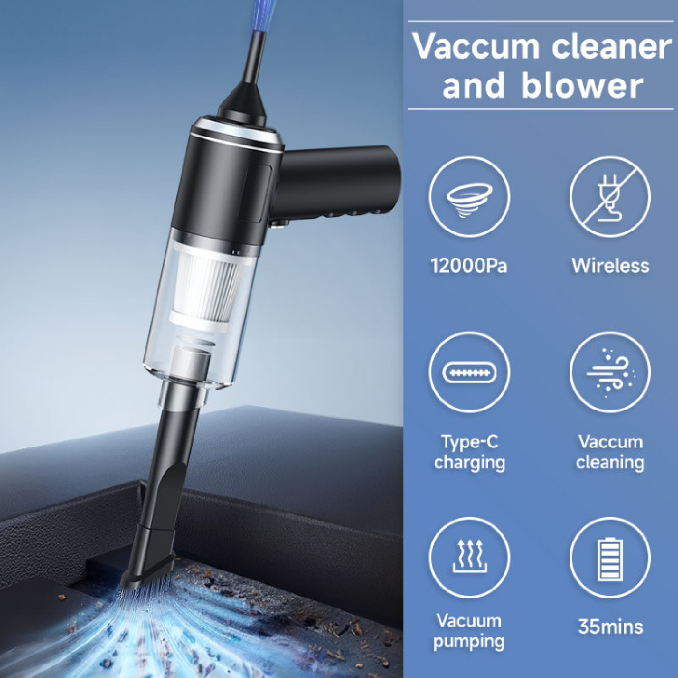 (1 year warranty) 3in1 Mini Vacuum Cleaner 12000Pa Cordless Blower ...