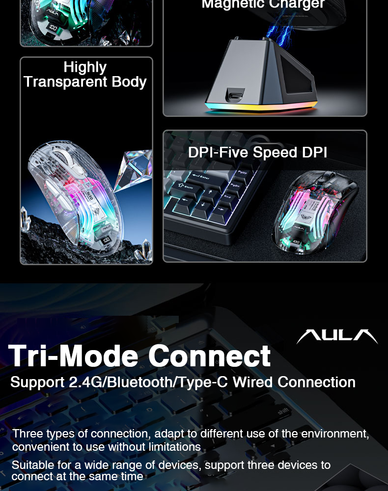 AULA SC630 Transparent Mouse Tri mode Luminous RGB Magnetic Seat ...
