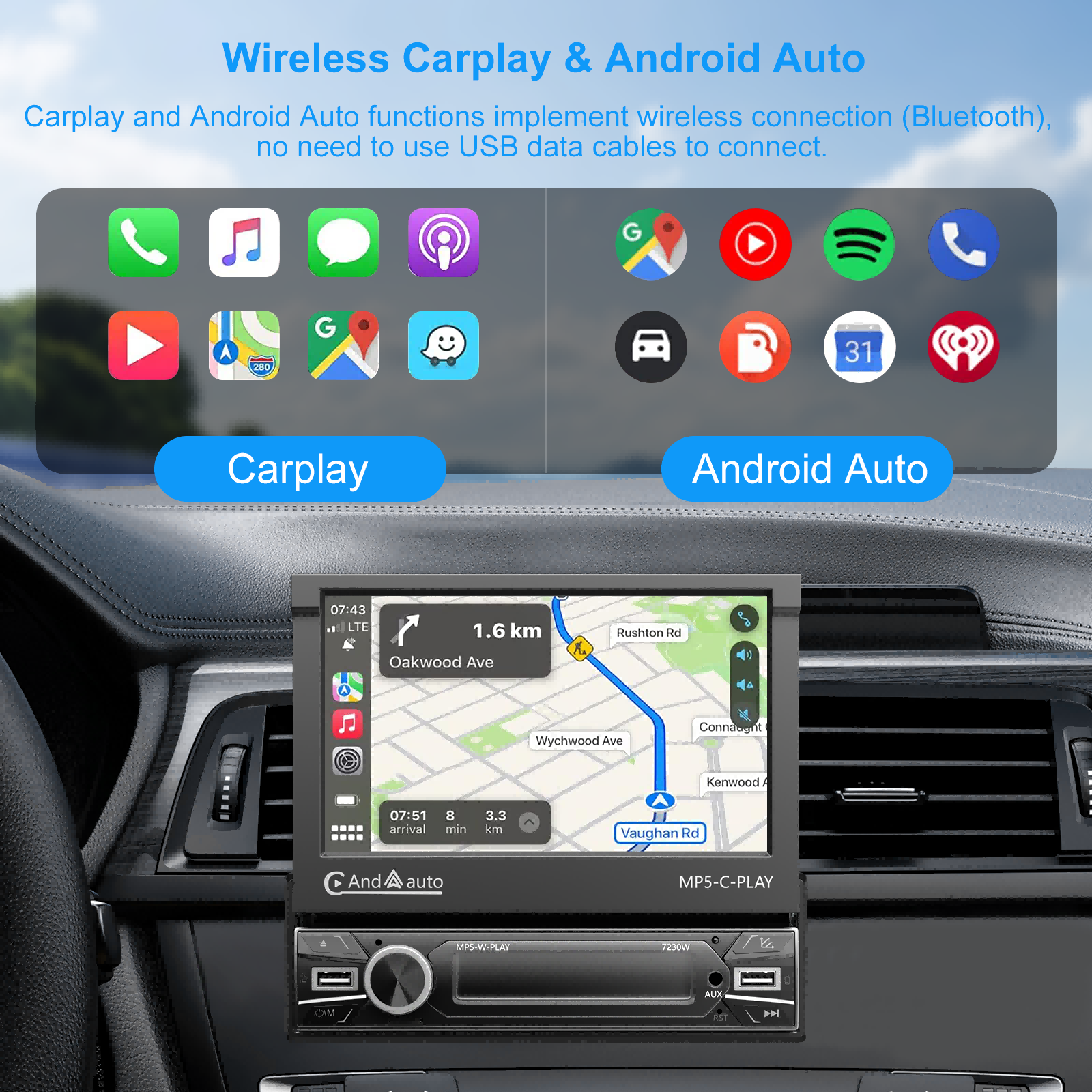 ESSGOO 7 INCH 1 Din Car Stereo Wireless Carplay Android Auto Telescopic Touch Screen MP5 Player ...