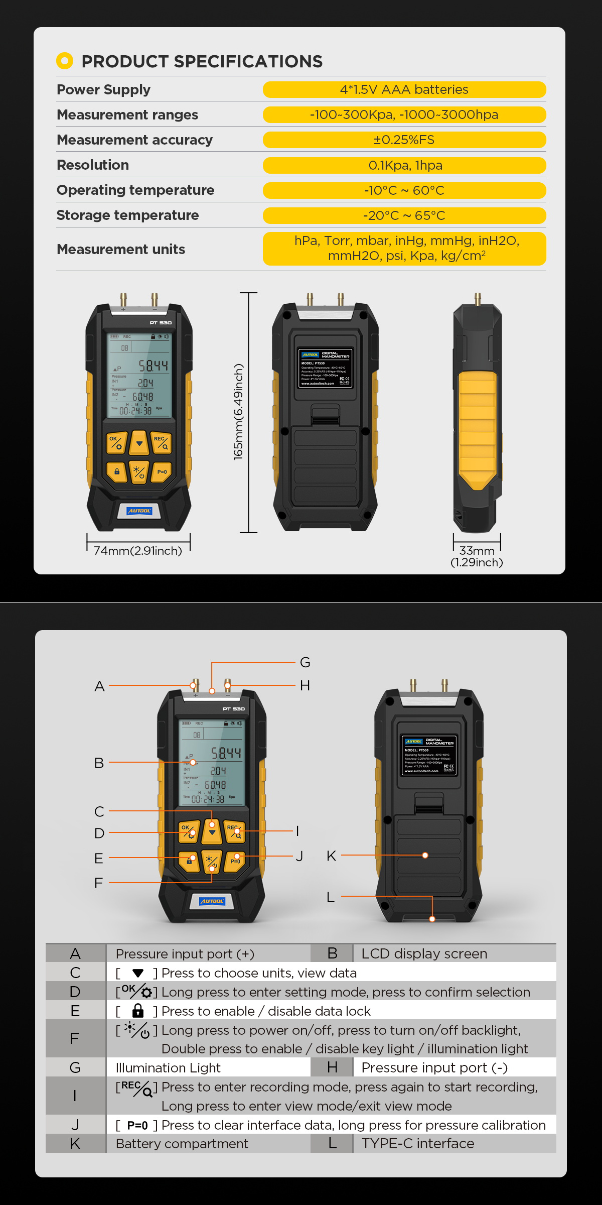 AUTOOL PT530 Digital Differential Manometer -100-300Kpa Air Pressure ...