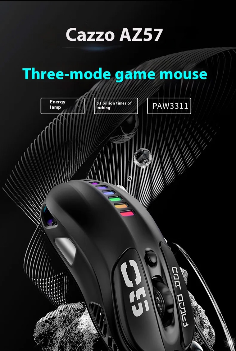 AZZOR AZ57 three mode wireless game mouse, PAW3311, macro video game rechargeable long endurance ...