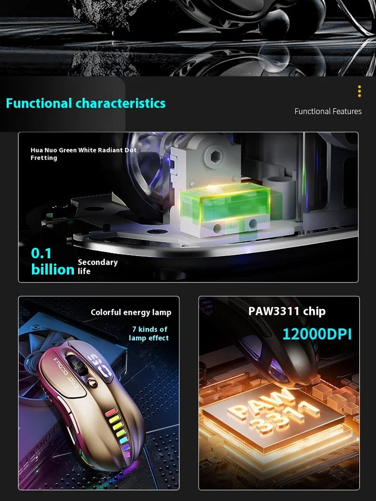 AZZOR AZ57 three mode wireless game mouse, PAW3311, macro video game rechargeable long endurance ...