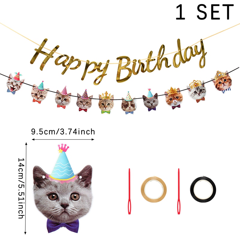 1 Set Cat Pattern Pulling Flag Gold Glitter Cat Happy Birthday Banner ...