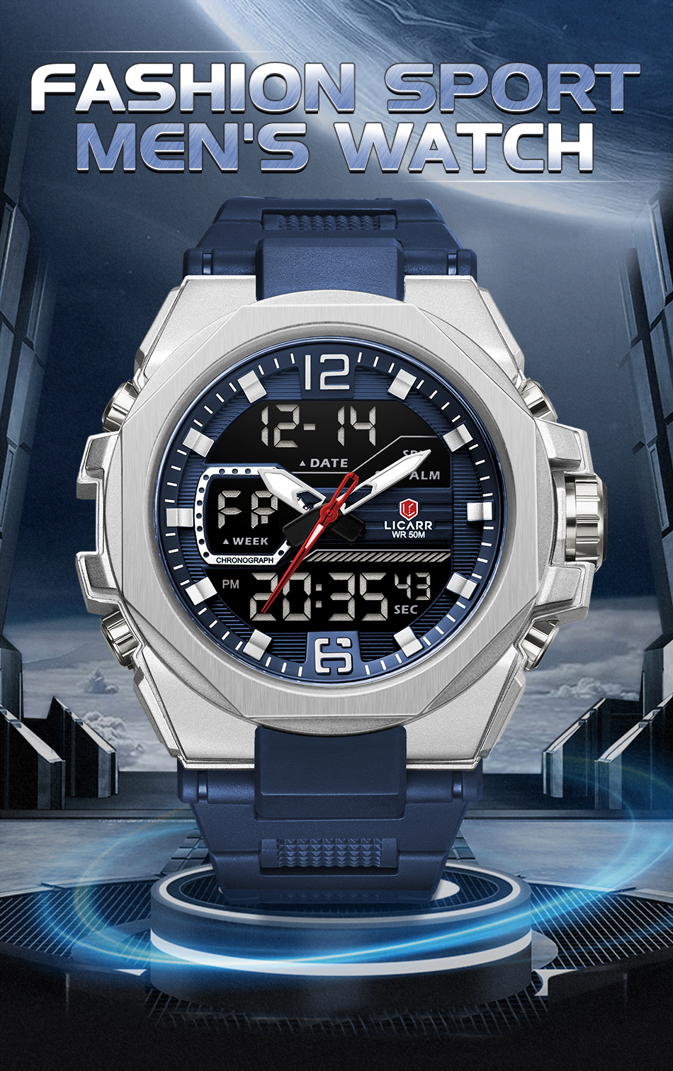 LICARR Brand Men's Watch Casual Waterproof Sport Original Dual Display ...