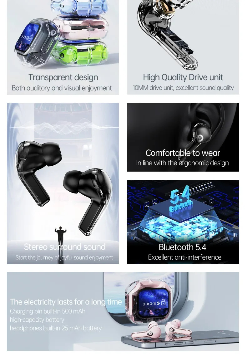 Airmax Color Screen Wireless Bluetooth 5.4 Earphones Transparent Touch Screen Digital Waterproof ...