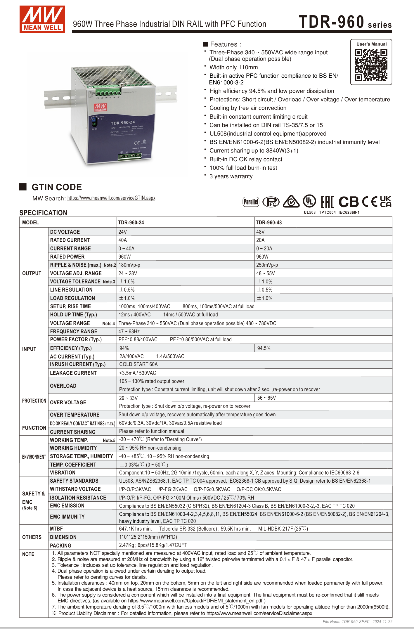 MEAN WELL TDR-960-24 DC24V 40A TDR-960-48 DC48V 20A 3-phase 340 ~ 550VAC Switching Power Supply ...