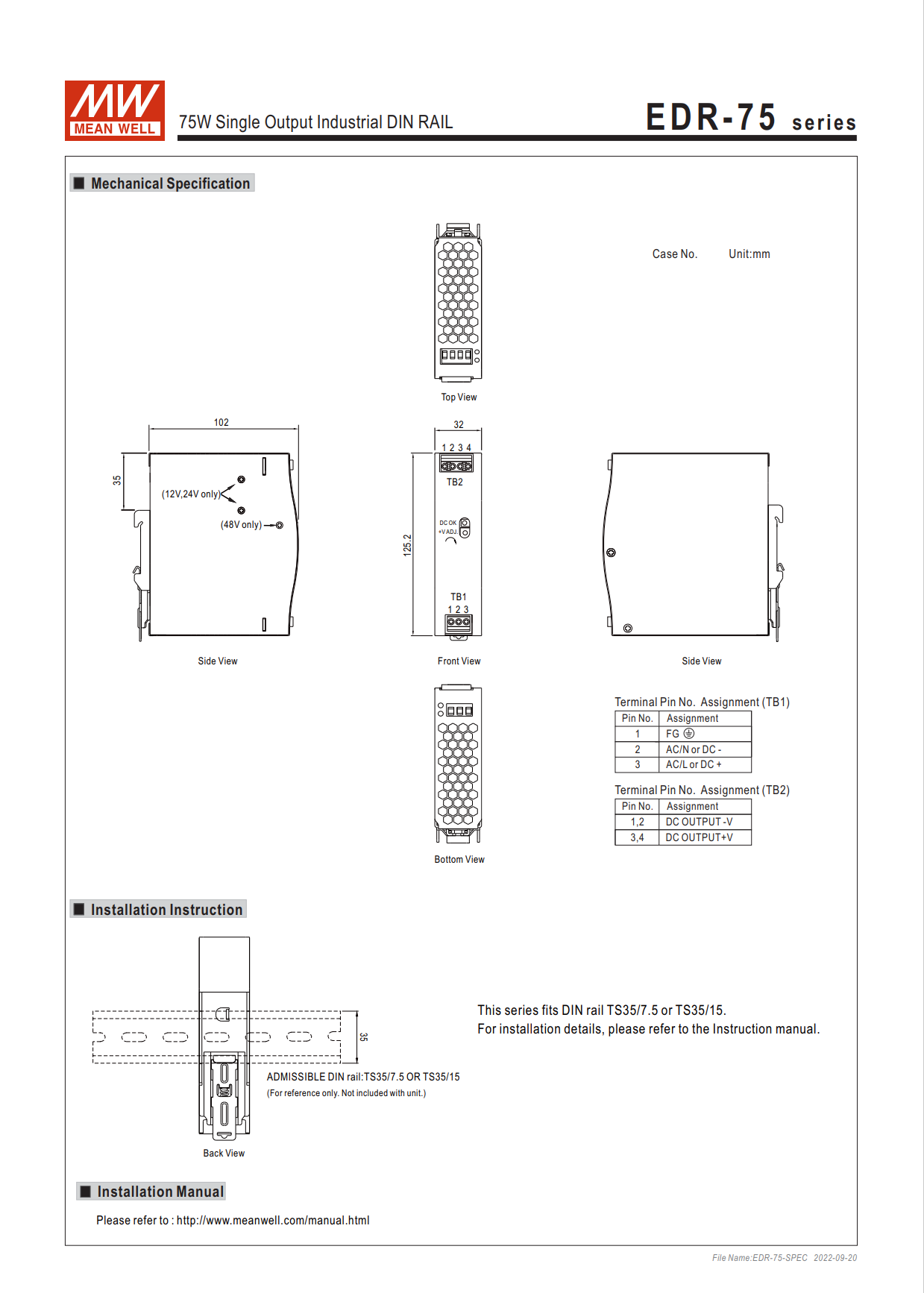 Original MEANWELL Switching Power EDR-75-12 EDR-75-24 EDR-120-12 EDR-120-24 EDR-150-24 Rail ...