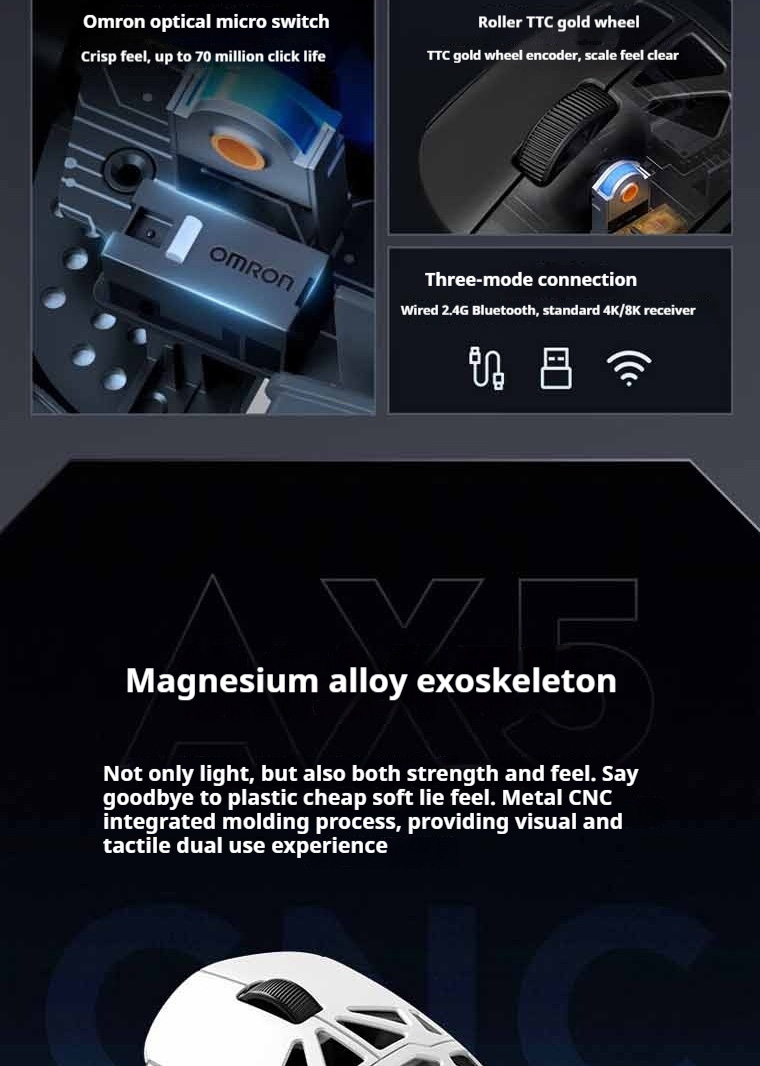 MCHOSE AX5V2 three mode magnesium alloy wireless game mouse, PAW3950, double 8K rate of return ...