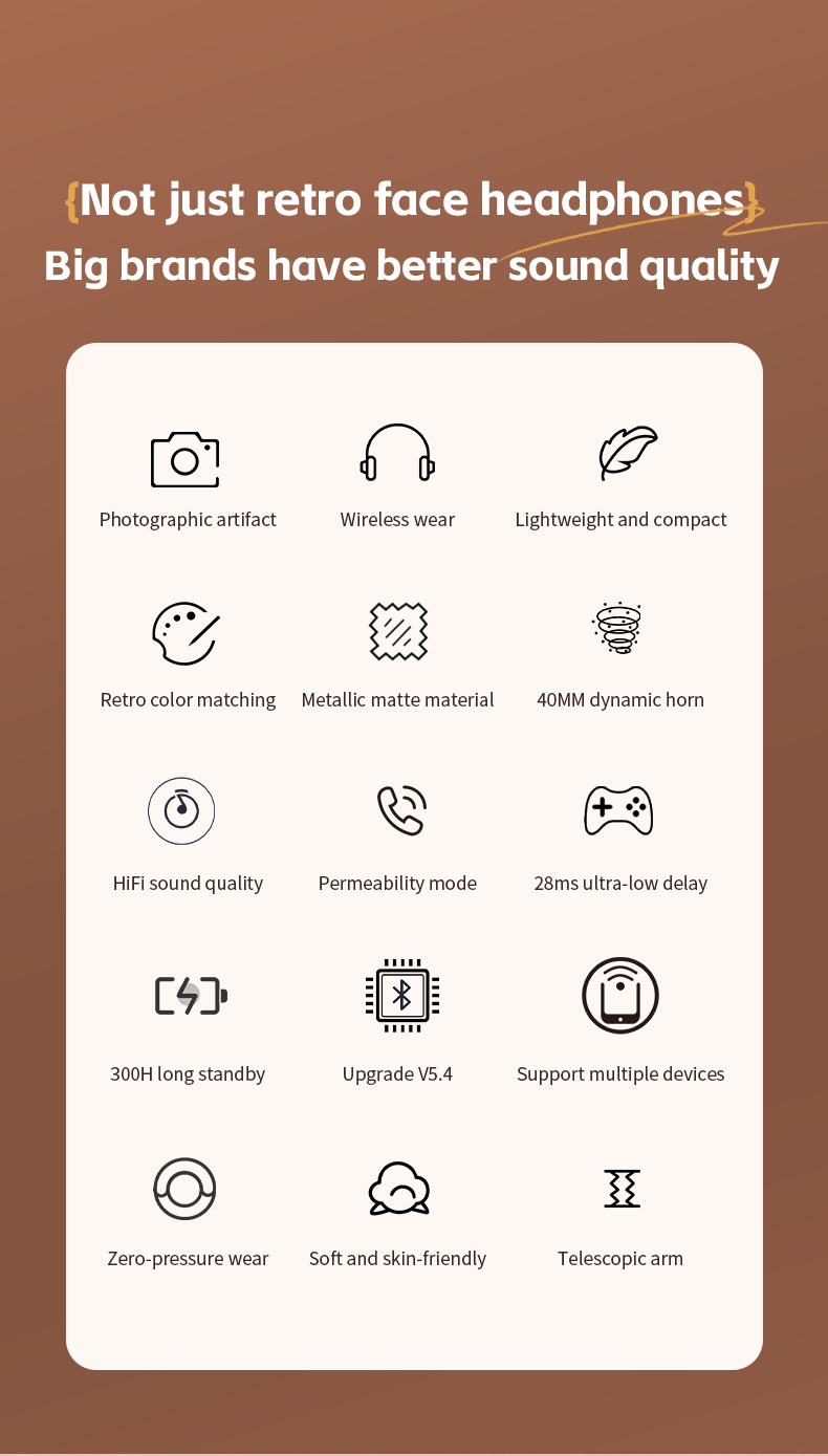 SPRISE Retro Wireless Bluetooth Headphones F06 with High Fidelity Sound ...