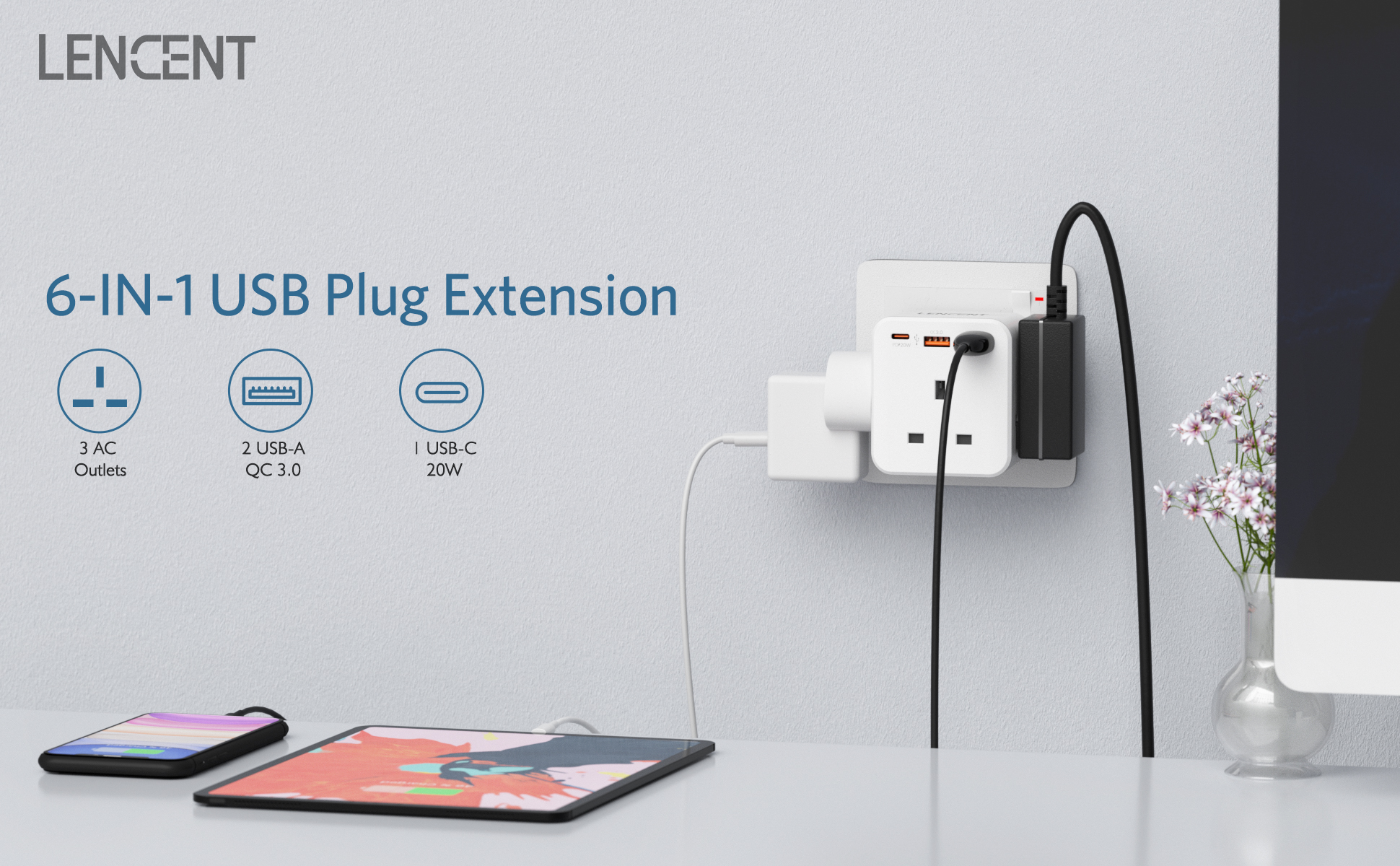 LENCENT Multi Plug Extension, 3 Way 3 Plugs Socket adapter, 6-in-1 Cube ...