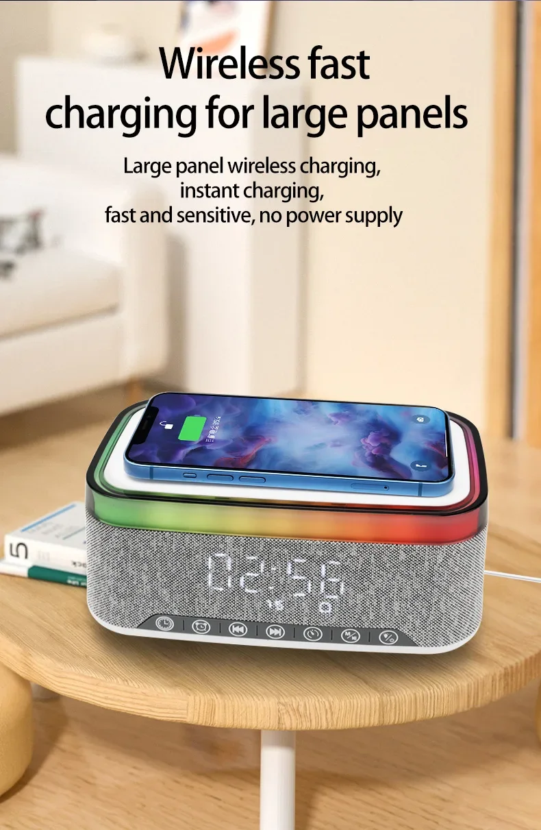 New Smart Bluetooth Speaker 15W Wireless Charger Bedhead Night Light Alarm Clock LED Clock with ...