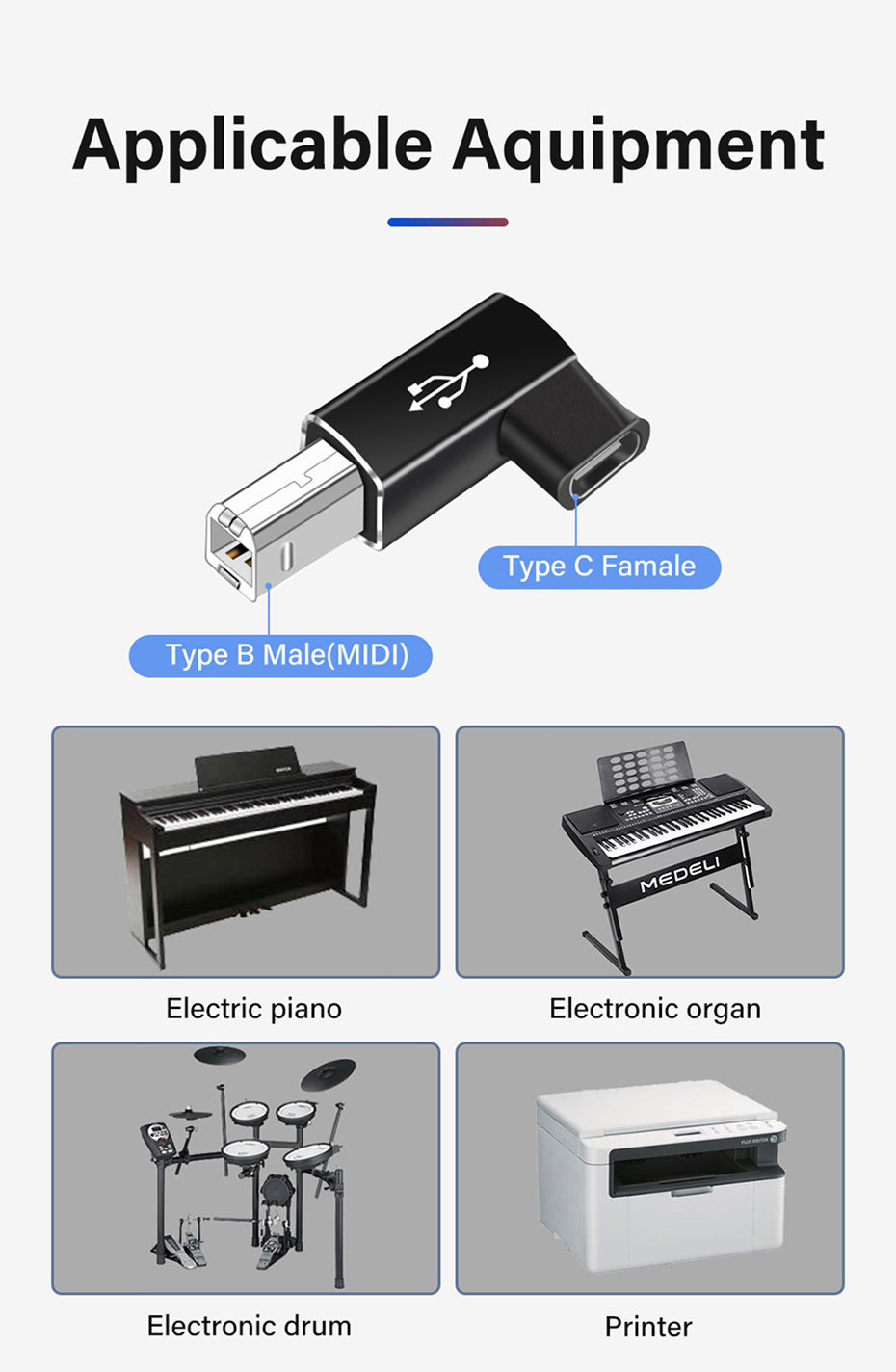 90 Degree Elbow USB Type C Female to USB B Male 2.0 MIDI Adapter ...