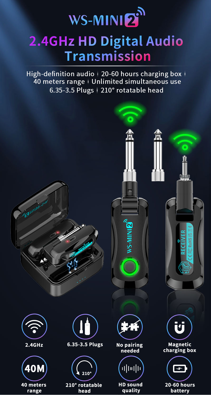 WS-Mini2 2.4Ghz Wireless Guitar System Rotatable HD Audio Transmitter Receiver + Charging Box ...