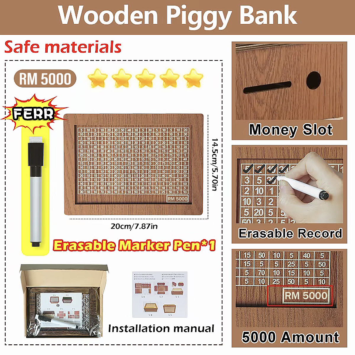 （3 Options）Wood Money Box with number on the box, Tabung Duit, Saving ...