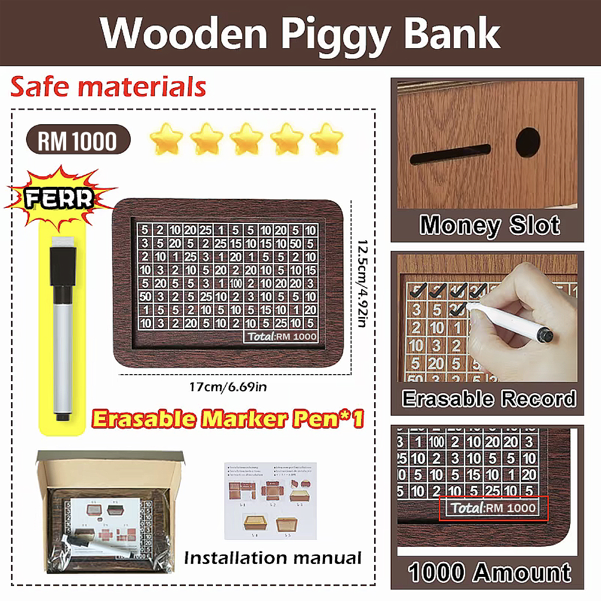 （3 Options）Wood Money Box with number on the box, Tabung Duit, Saving ...