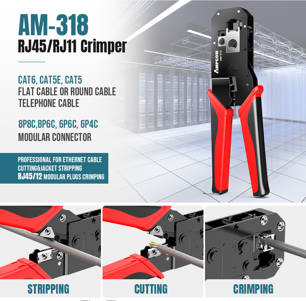 AMPCOM RJ45 Crimper Lan Tester Tool Set Ethernet Cable Stripper Punch ...