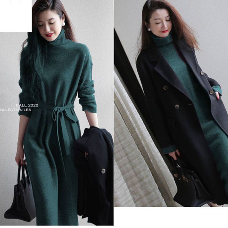 Fashion Women's Maxi Slim Dress Long Sleeve High Round O Neck Plain ...