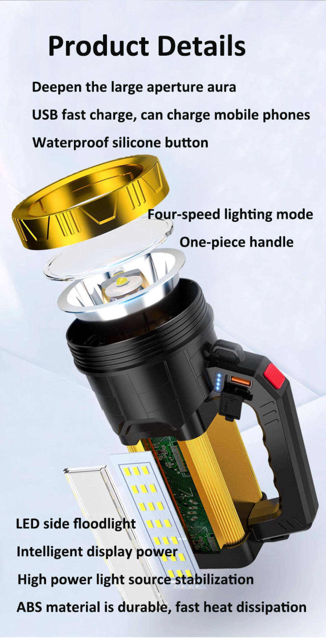 (1 year warranty) LED core + side light IPX7 waterproof searchlight ...