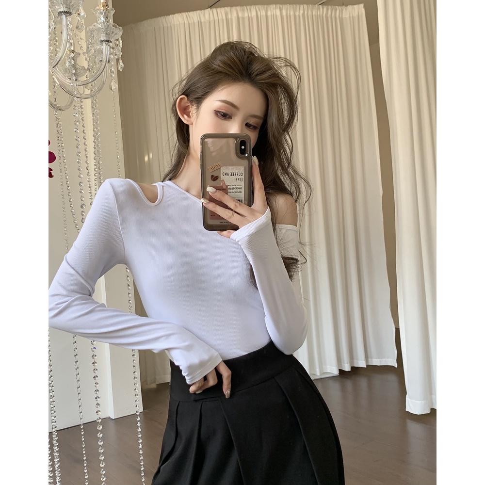 Fashion Skew Collar Off-shoulder Long Sleeve T-shirt Women's Slim Fit ...