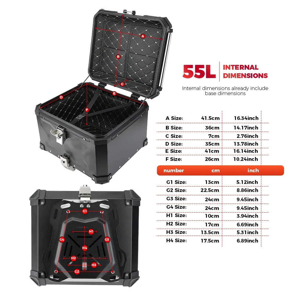 Aluminium top box 45/57/65L Motorcycle Box moto with Universal Base ...